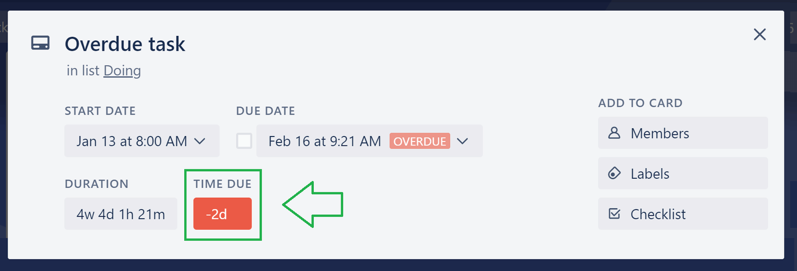 Card duration for Trello: Time left and time overdue